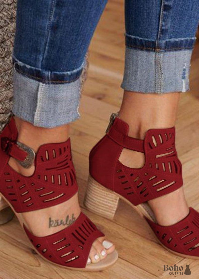 Boho Hollow Carved Block Heel Sandals - Boho Dress Official