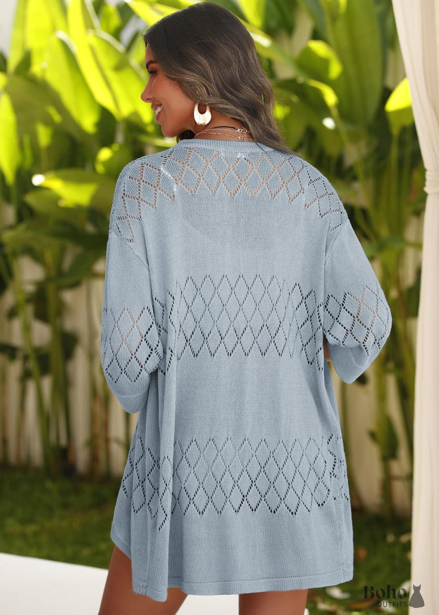 Summer Knit 3/4 Sleeves Gray Blue Boho Cardigan - Boho – Boho Dress ...